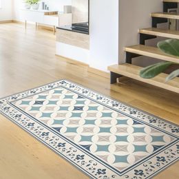 Teppich Geometrische Fliesen Kreisblüten Dunkelblau mit Bordüre