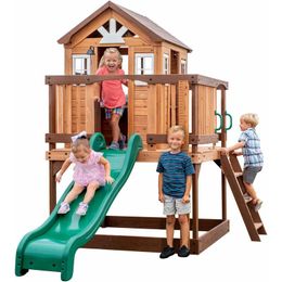 Backyard Discovery - Backyard Discover Spielhaus Echo Heights mit grüner Rutsche, Sandkasten & Veranda Stelzenhaus in Braun aus Holz für Kinder