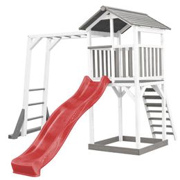 AXI - Beach Tower Spielturm aus Holz in Weiß & Grau Spielhaus für Kinder mit roter Rutsche, Klettergerüst und Sandkasten Stelzenhaus für den Garten