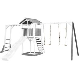 AXI - Beach Tower Spielturm aus Holz in Weiß & Grau Spielhaus für Kinder mit weißer Rutsche, Klettergerüst, Doppelschaukel und Sandkasten Stelzenhaus