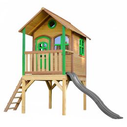AXI Spielhaus Laura mit grauer Rutsche Stelzenhaus in Braun & Grün aus FSC Holz für Kinder Spielturm mit Wellenrutsche für den Garten - Grau
