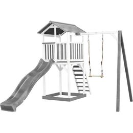 Beach Tower Spielturm aus Holz in Weiß & Grau Spielhaus für Kinder mit grauer Rutsche, Schaukel und Sandkasten Stelzenhaus für den Garten - Weiß - AXI