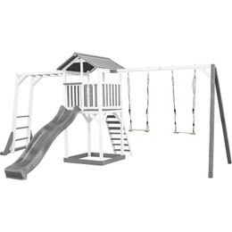AXI Beach Tower Spielturm aus Holz in Weiß & Grau Spielhaus für Kinder mit grauer Rutsche, Klettergerüst, Doppelschaukel und Sandkasten Stelzenhaus für