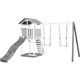 AXI - Beach Tower Spielturm aus Holz in Weiß & Grau Spielhaus für Kinder mit grauer Rutsche, Doppelschaukel und Sandkasten Stelzenhaus für den Garten