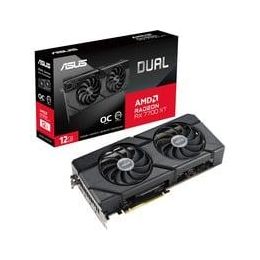 ASUS Radeon RX 7700 XT DUAL OC, Grafikkarte RDNA 3, GDDR6, 3x DisplayPort, 1x HDMI 2.1 Grafikchip: AMD Radeon RX 7700 XT Speicher: 12 GB (GDDR6, 192 Bit) belegte Slots: 2,47 Slots GPU Boost-Takt: 2584 MHz