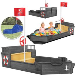 Kidiz® Sandkasten Ahoi - Piratenschiff Boot Segelschiff aus Holz Inkl. Abdeckung, Bodenplane, Sitzbank, Flaggenmast, Sandspielzeug Große Kinder Sandkiste für den Garten Outdoor Sandbox