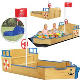 Kidiz® Sandkasten Ahoi - Piratenschiff Boot Segelschiff aus Holz Inkl. Abdeckung, Bodenplane, Sitzbank, Flaggenmast, Sandspielzeug Große Kinder Sandkiste für den Garten Outdoor Sandbox