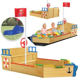 Kidiz® Sandkasten Ahoi - Piratenschiff Boot Segelschiff aus Holz Inkl. Abdeckung, Bodenplane, Sitzbank, Flaggenmast, Sandspielzeug Große Kinder Sandkiste für den Garten Outdoor Sandbox