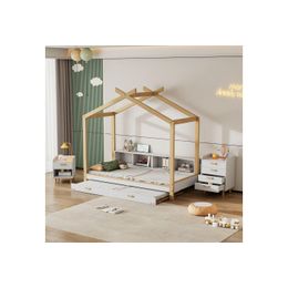 Flieks Massivholzbett, Schlafzimmer Set Kinderbett Ausziehbett mit Nachttisch und Kommode