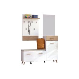 Homestyle4u Garderoben-Set Flur Weiß Eiche Holz klein Diele mit Spiegel modern Holzfüße