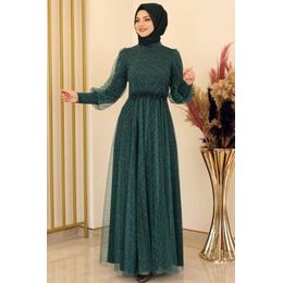 Modavitrini Abendkleid silbriges Tüllkleid Abiye Abaya Hijab Kleid Maxikleid (SIMLI GAMZE)