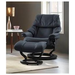 Relaxsessel stressless "Reno" Sessel Gr. Leder PALOMA, Classic Base Schwarz-L, Relaxfunktion-Drehfunktion-PlusTMSystem-Gleitsystem, B/H/T: 88cm x 98cm x 78cm, blau (shadow blue paloma) mit Hocker, Classic Base, Größe S, M & L, Gestell Schwarz