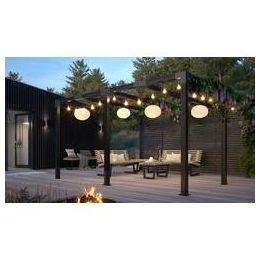 Pergola Terrasse aus druckimprägniertem Kiefern- / Fichtenholz mit dem Außenmaß 369 x 369 x 217 cm in der Farbe Schwarz und wahlweise mit zwei Zaunfeldern