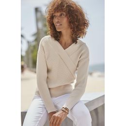 Strickpullover Lascana Gr. 40/42, beige Damen Pullover V-Pullover