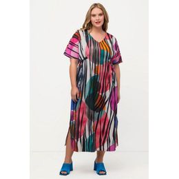 Ulla Popken Jerseykleid Midikleid Leinenmix A-Linie V-Ausschnitt Halbarm