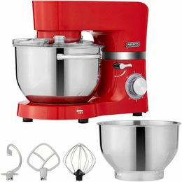 Arebos Küchenmaschine 1500W Rot Knetmaschine mit 2x Edelstahl-Rührschüsseln 4,5 & 5,5L Geräuscharm Küchenmixer mit Rührhaken, Knethaken, Schlagbesen und