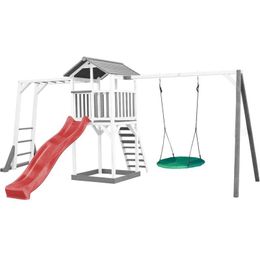 AXI - Beach Tower Spielturm aus Holz in Weiß & Grau Spielhaus für Kinder mit roter Rutsche, Klettergerüst, Summer Nestschaukel und Sandkasten