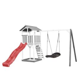 AXI - Beach Tower Spielturm aus Holz in Weiß & Grau Spielhaus für Kinder mit roter Rutsche, Roxy Nestschaukel und Sandkasten Stelzenhaus für den