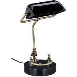 Bankerlampe, Glasschirm, Holzfuß, neigbare Bibliothekslampe, E27-Fassung, Schreibtischlampe Retro, schwarz - Relaxdays