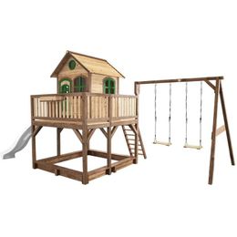 AXI Spielhaus Liam mit Sandkasten, Doppelschaukel & weißer Rutsche Stelzenhaus xxl in Braun & Grün aus fsc Holz für Kinder Spielturm mit Wellenrutsche