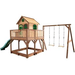 AXI - Spielhaus Liam mit Sandkasten, Doppelschaukel & grüner Rutsche Stelzenhaus xxl in Braun & Grün aus fsc Holz für Kinder Spielturm mit