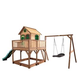 AXI - Spielhaus Liam mit Sandkasten, Roxy Nestschaukel & grüner Rutsche Stelzenhaus xxl in Braun & Grün aus fsc Holz für Kinder Spielturm mit
