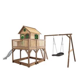 AXI Spielhaus Liam mit Sandkasten, Roxy Nestschaukel & weißer Rutsche Stelzenhaus xxl in Braun & Grün aus fsc Holz für Kinder Spielturm mit Wellenrutsche