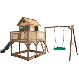 AXI - Spielhaus Liam mit Sandkasten, Summer Nestschaukel & grauer Rutsche Stelzenhaus xxl in Braun & Grün aus fsc Holz für Kinder Spielturm mit