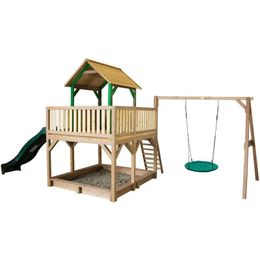 AXI Spielhaus Atka mit Sandkasten, Summer Nestschaukel & grüner Rutsche Stelzenhaus in Braun & Grün aus FSC Holz für Kinder Spielturm mit
