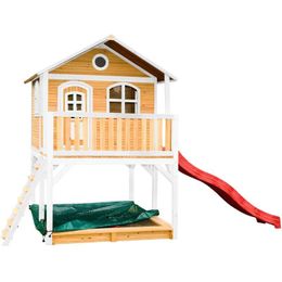 AXI - Spielhaus Marc mit Sandkasten & roter Rutsche Stelzenhaus in Braun & Weiß aus fsc Holz für Kinder Spielturm mit Wellenrutsche für den Garten