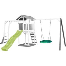 AXI Beach Tower Spielturm aus Holz in Weiß & Grau Spielhaus für Kinder mit hellgrüner Rutsche, Klettergerüst, Summer Nestschaukel und Sandkasten