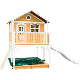 AXI - Spielhaus Marc mit Sandkasten & weißer Rutsche Stelzenhaus in Braun & Weiß aus fsc Holz für Kinder Spielturm mit Wellenrutsche für den Garten