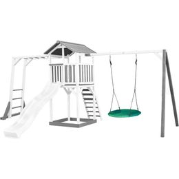 AXI Beach Tower Spielturm aus Holz in Weiß & Grau Spielhaus für Kinder mit weißer Rutsche, Klettergerüst, Summer Nestschaukel und Sandkasten Stelzenhaus