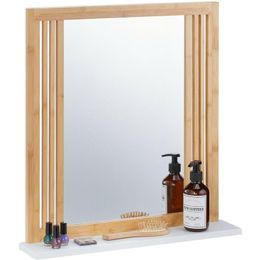 Badspiegel mit Ablage, Bambus & mdf, rechteckig, HxBxT: 56,5 x 54 x 10 cm, Spiegel zum Aufhängen, natur/weiß - Relaxdays
