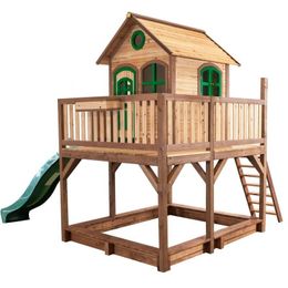 AXI - Spielhaus Liam mit Sandkasten & grüner Rutsche Stelzenhaus xxl in Braun & Grün aus fsc Holz für Kinder Spielturm mit Wellenrutsche für den