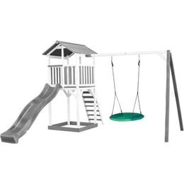 AXI Beach Tower Spielturm aus Holz in Weiß & Grau Spielhaus für Kinder mit grauer Rutsche, Summer Nestschaukel und Sandkasten Stelzenhaus für den Garten