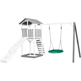 AXI Beach Tower Spielturm aus Holz in Weiß & Grau Spielhaus für Kinder mit weißer Rutsche, Summer Nestschaukel und Sandkasten Stelzenhaus für den Garten