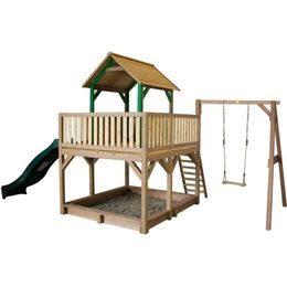 AXI - Spielhaus Atka mit Sandkasten, Schaukel & grüner Rutsche Stelzenhaus in Braun & Grün aus fsc Holz für Kinder Spielturm mit Wellenrutsche für