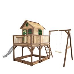 AXI Spielhaus Liam mit Sandkasten, Schaukel & weißer Rutsche Stelzenhaus XXL in Braun & Grün aus FSC Holz für Kinder Spielturm mit Wellenrutsche für