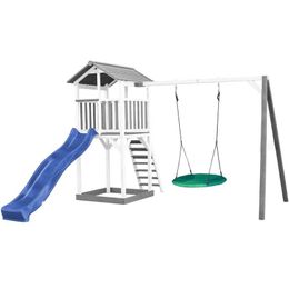 AXI Beach Tower Spielturm aus Holz in Weiß & Grau Spielhaus für Kinder mit blauer Rutsche, Summer Nestschaukel und Sandkasten Stelzenhaus für den Garten