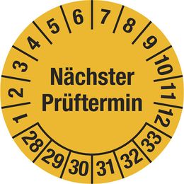 Mehrjahresplakette, Nächster Prüftermin, Dokumentenfolie, Ø 20 mm, 28 - 33, gelb kaiserkraft