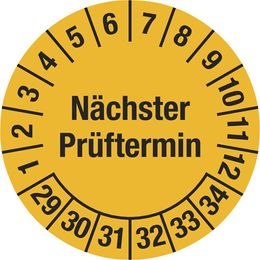 Mehrjahresplakette, Nächster Prüftermin, Dokumentenfolie, Ø 20 mm, 29 - 34, gelb kaiserkraft