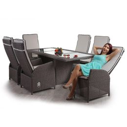 MCW Luxus Poly-Rattan-Garnitur Burgos, Premium Lounge Set Alu-Sitzgruppe Tisch + 6 verstellbare Stühle ~ grau