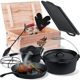 Kesser® Dutch Oven Set in Holzkiste mit Dutch Oven Mit viel Zubehör - Gusseisen - bereits eingebrannt mit Kochtopf Grillplatte Pfanne Deckelheber Inkl. Rezeptbuch Handschuhe