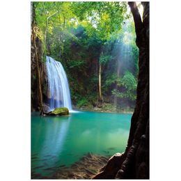 Wallario Acrylglasbild, Wasserfall im Wald am See Idylle in Thailand