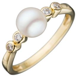 Schmuck Krone Fingerring Ring Damenring Goldring mit weißer Perle & Zirkonia 333 Gold Gelbgold Perlenring