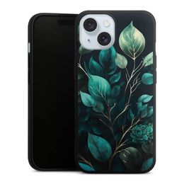 DeinDesign iPhone 15 Handy Premium Silikon H&uuml;lle Handyh&uuml;lle schwarz Case Eukalyptus Leaves Black Silikon Premium Case