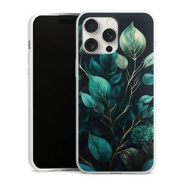 DeinDesign iPhone 15 Pro Max Handy Silikon H&uuml;lle Case wei&szlig; Handyh&uuml;lle Eukalyptus Leaves Black Silikon Case