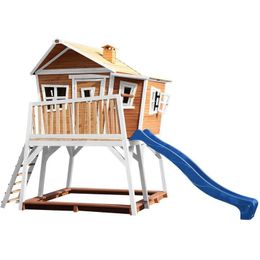 AXI - Spielhaus Max mit Sandkasten & blauer Rutsche Stelzenhaus in Braun & Weiß aus fsc Holz für Kinder Spielturm mit Wellenrutsche für den Garten