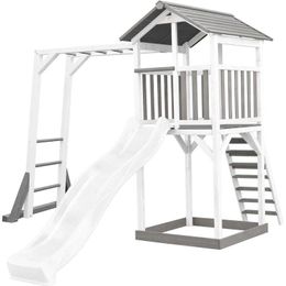 AXI - Beach Tower Spielturm aus Holz in Weiß & Grau Spielhaus für Kinder mit weißer Rutsche, Klettergerüst und Sandkasten Stelzenhaus für den Garten